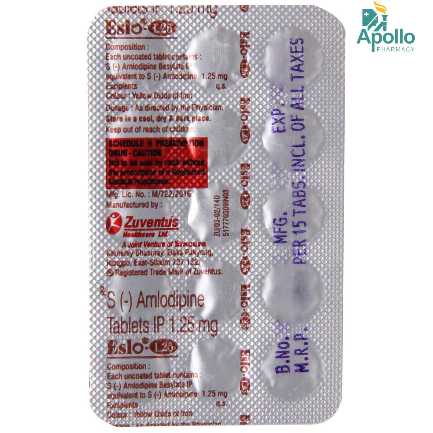 Eslo-1.25 Tablet 15's Price, Uses, Side Effects, Composition - Apollo ...
