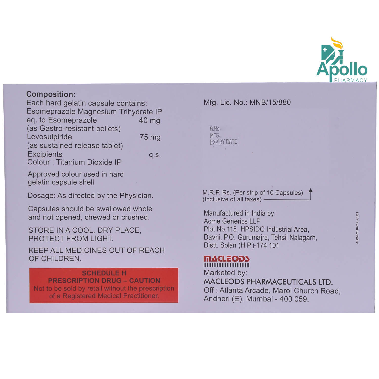 Esofine-LS Capsule 10's Price, Uses, Side Effects, Composition - Apollo ...