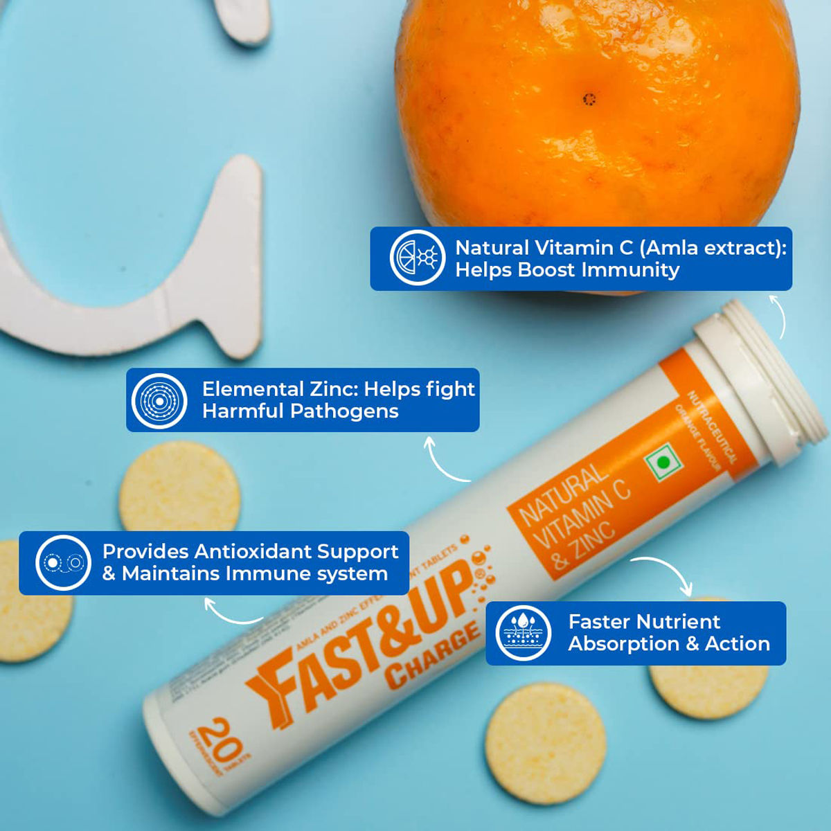 Fast&Up Charge Natural Vitamin C & Zinc Orange Flavour, 20 Effervescent ...