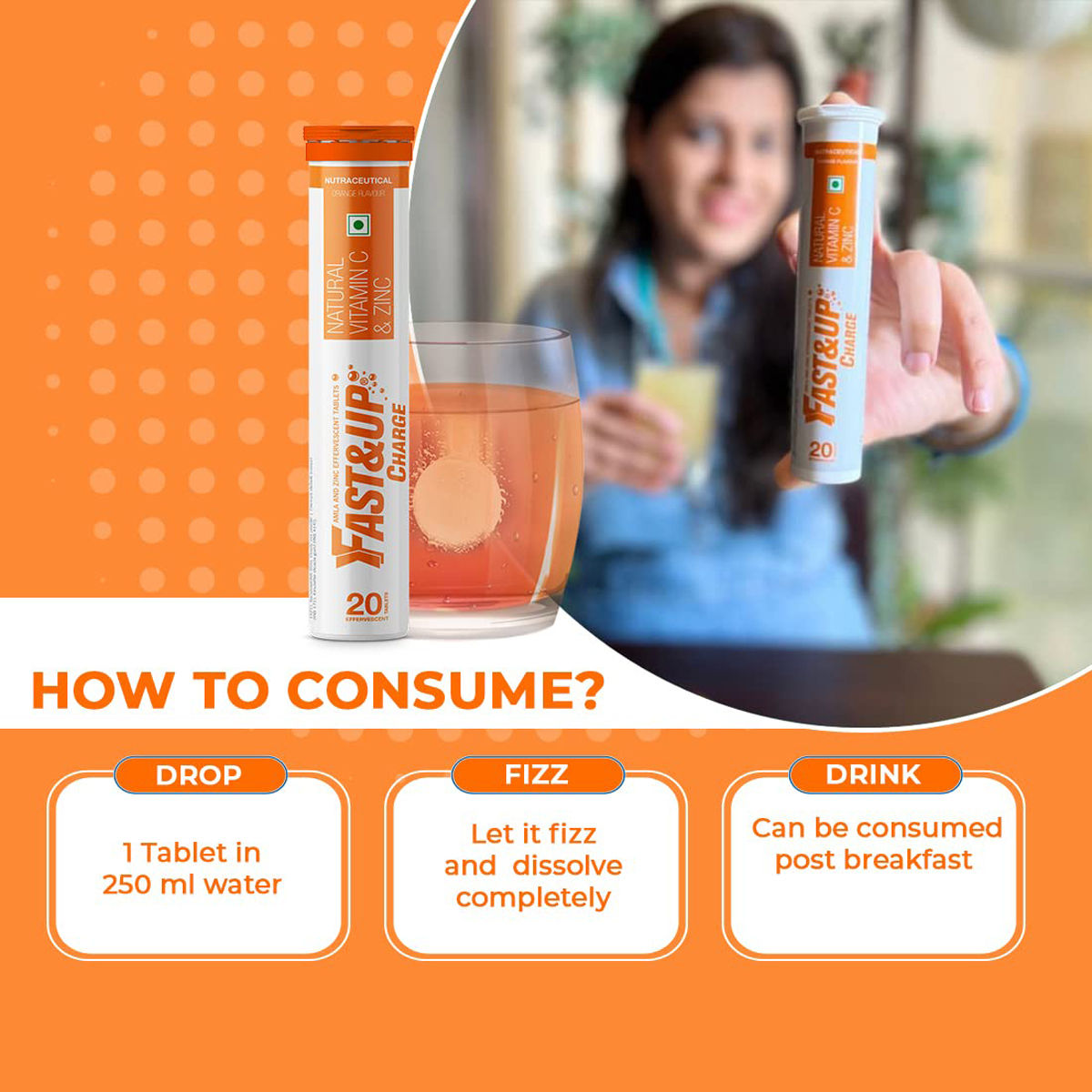 Fast&Up Charge Natural Vitamin C & Zinc Orange Flavour, 20 Effervescent ...