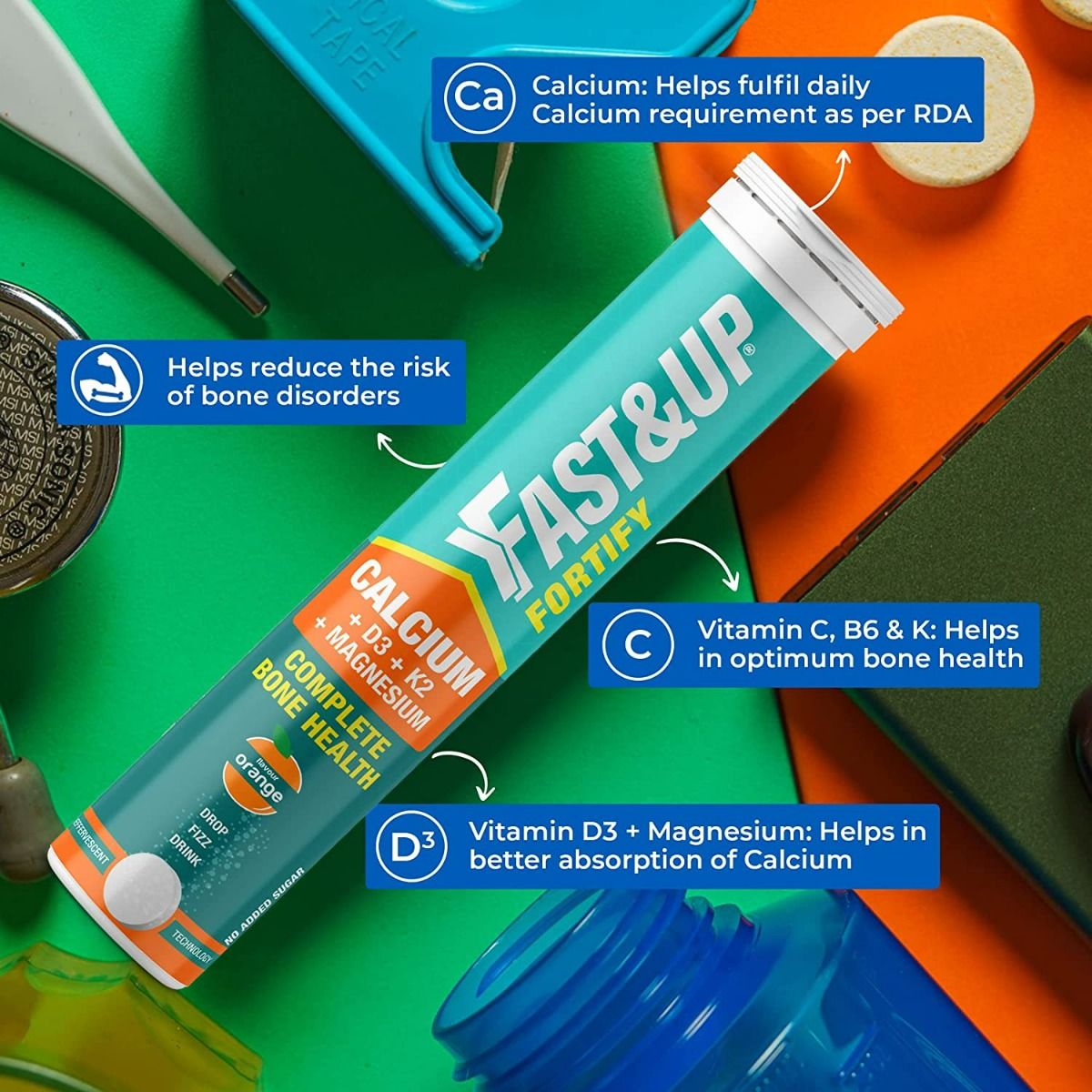 Fast&Up Fortify Calcium + D3 + K2 + Magnesium Orange Flavour, 20 ...