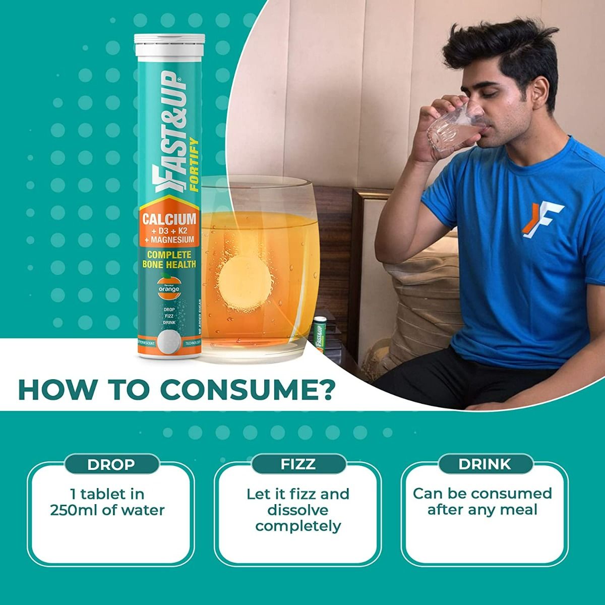 Fast&Up Fortify Calcium + D3 + K2 + Magnesium Orange Flavour, 20 ...