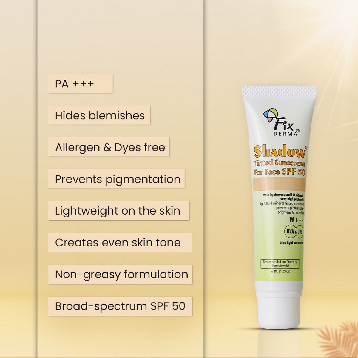 Fix Derma Shadow For Face SPF 50 Tinted Sunscreen का उपयोग, फायदे ,साइड ...