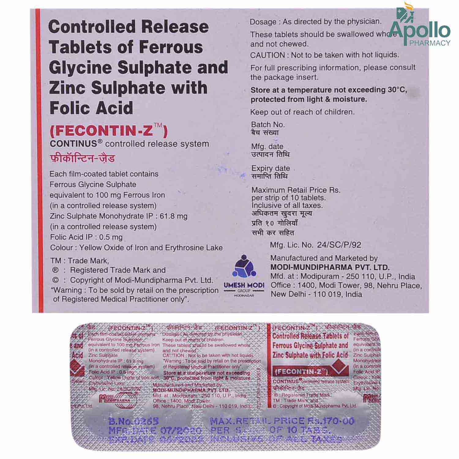 Fecontin-Z Tablet 10's Price, Uses, Side Effects, Composition - Apollo ...