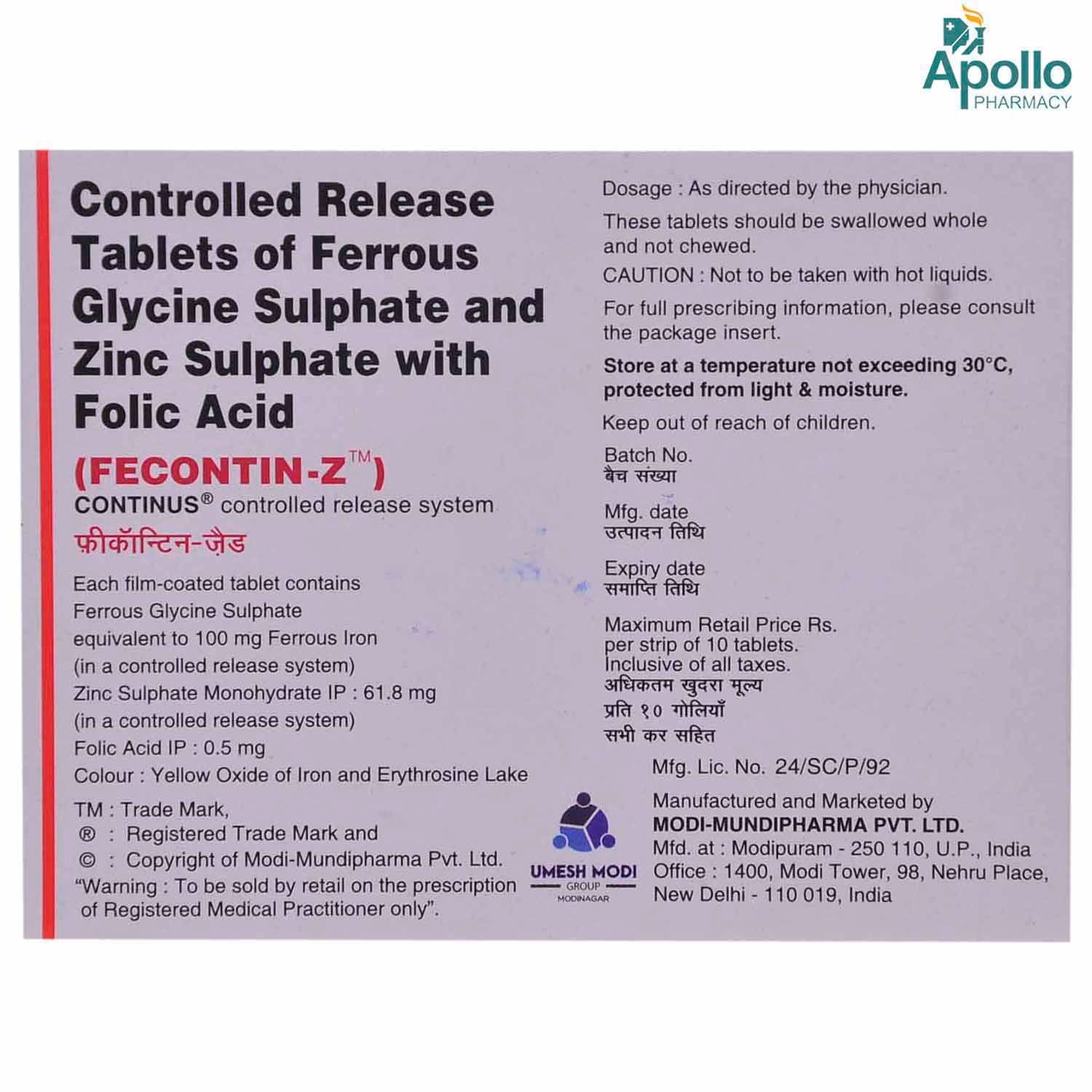Fecontin-Z Tablet 10's Price, Uses, Side Effects, Composition - Apollo ...