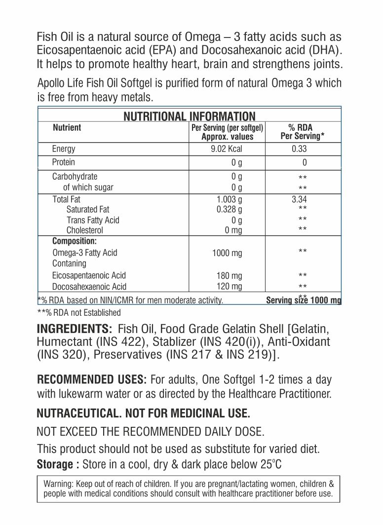 Apollo Life Omega-3 Fish Oil 1000 mg, 30 Capsules Price, Uses, Side ...