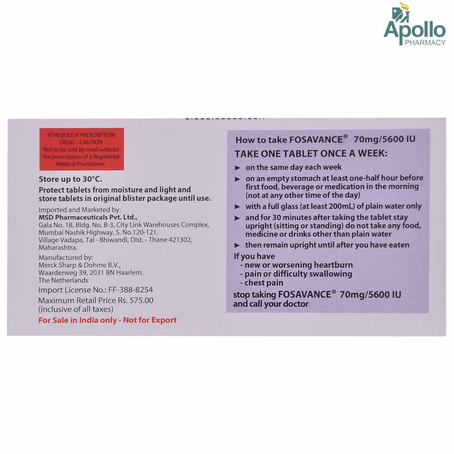 Fosavance 70 mg/5600 IU Tablet | Uses, Side Effects, Price | Apollo ...