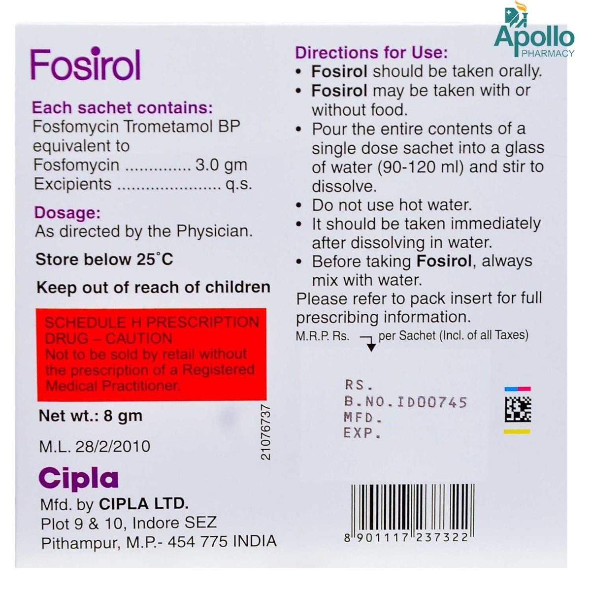 Fosirol Powder 8 gm Price, Uses, Side Effects, Composition - Apollo Pharmacy