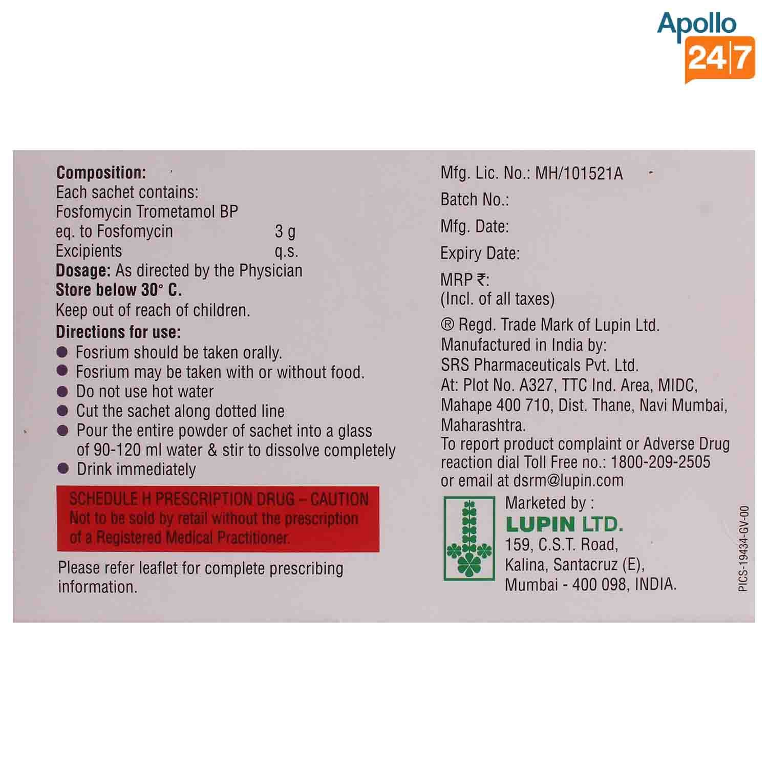 Fosrium Powder Sachet 8 gm Price, Uses, Side Effects, Composition ...