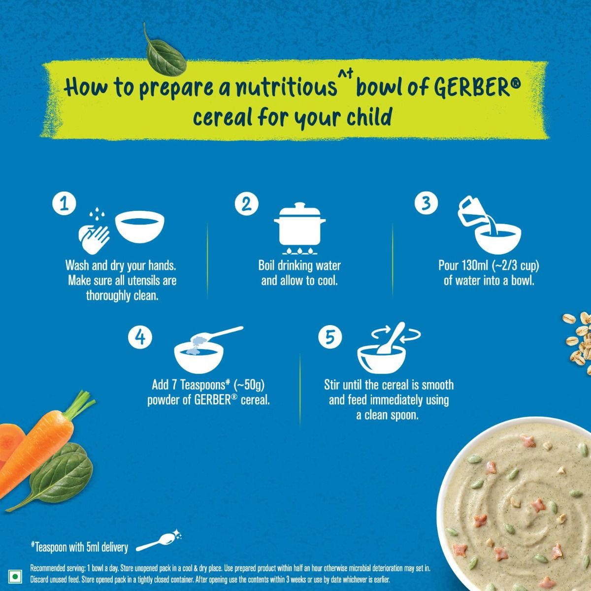 Gerber Cereal Spinach & Carrot Powder for 2-6 Year Old Kids, 300 gm ...