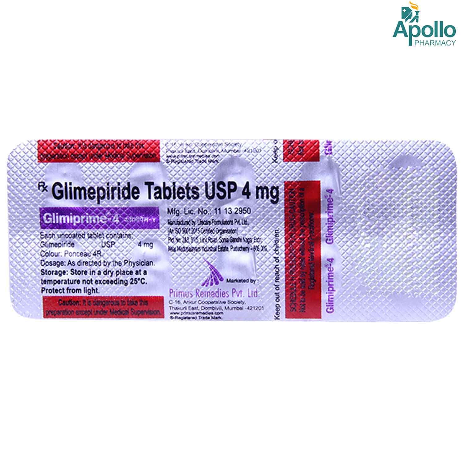 GLIMIPRIME 4MG TABLET 10'S Price, Uses, Side Effects, Composition ...
