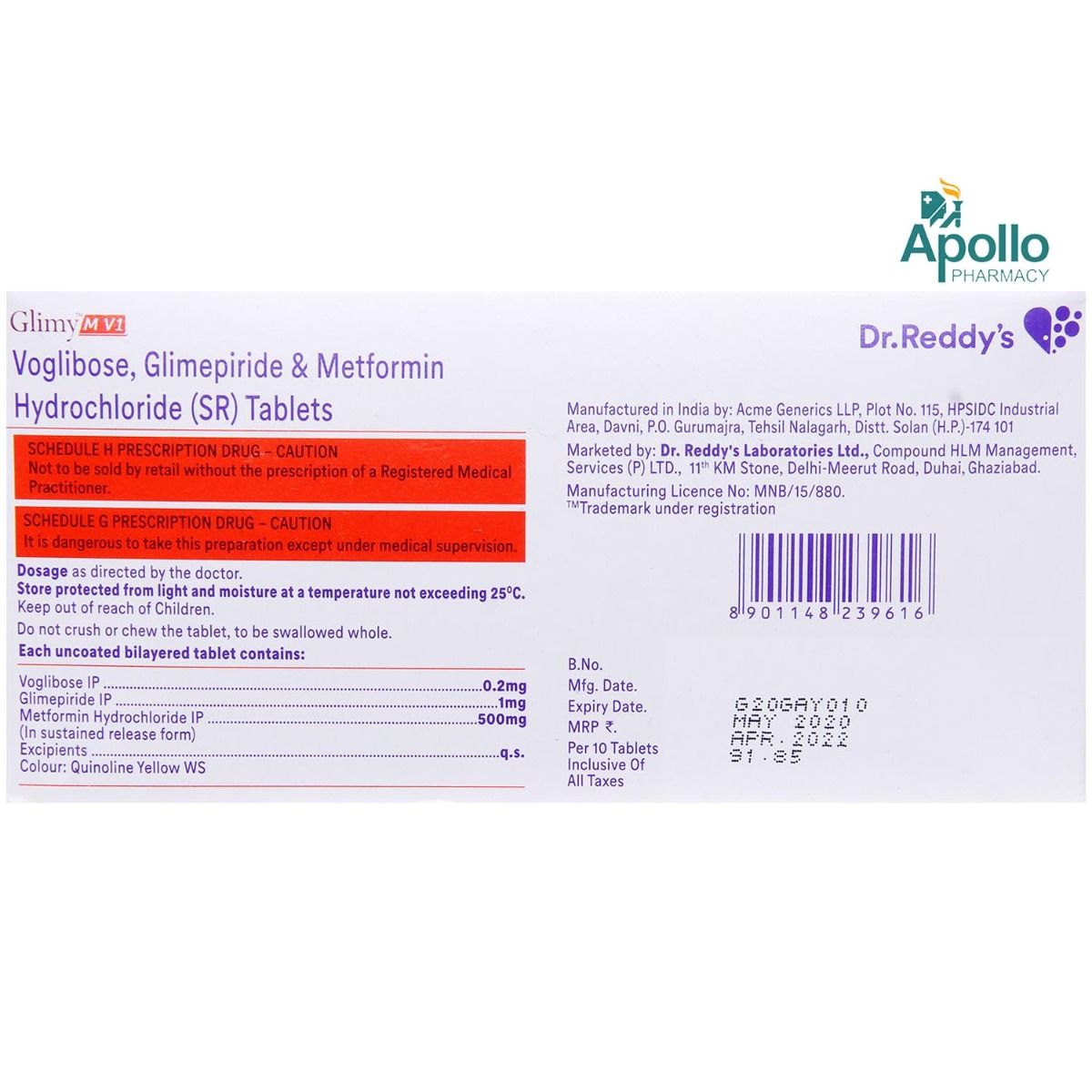 Glimy M V1 Tablet | Uses, Side Effects, Price | Apollo Pharmacy