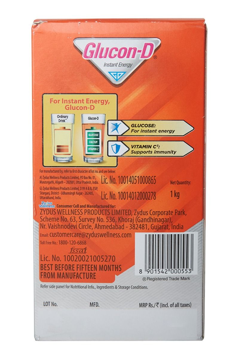 Glucon-D Instant Energy Drink Tangy Orange Flavour Powder, 1 kg Refill ...