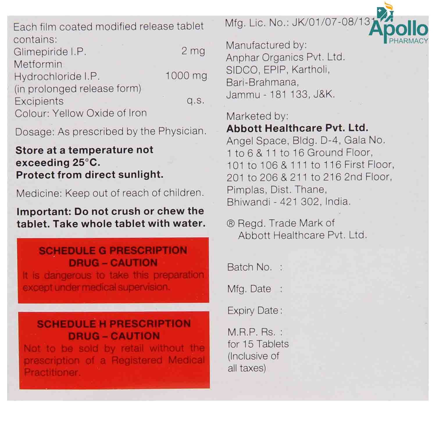 Gluformin G 2 mg/1000 mg Forte Tablet 15's Price, Uses, Side Effects, Composition - Apollo Pharmacy