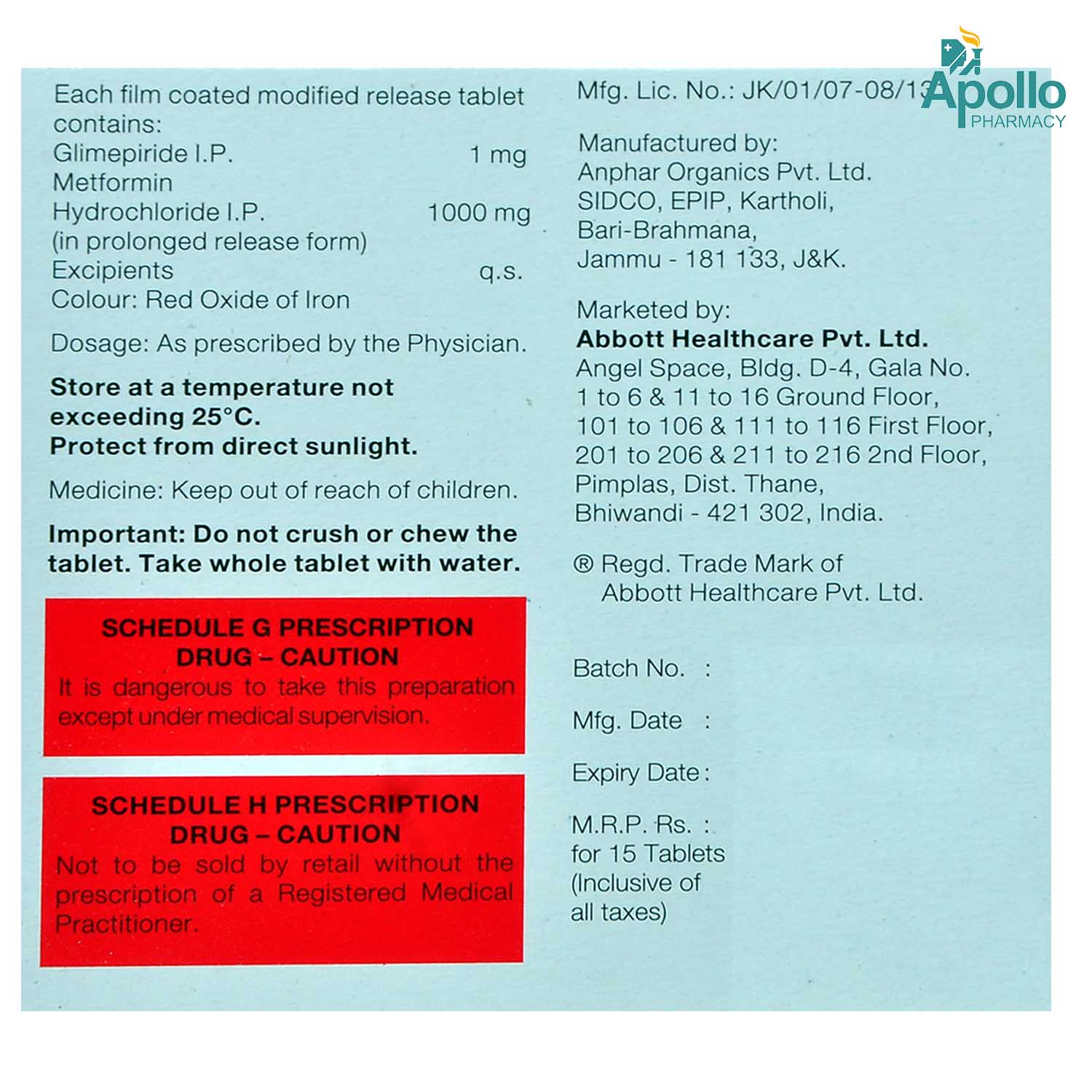 Gluformin G 1 Forte New Tablet 15's Price, Uses, Side Effects, Composition - Apollo Pharmacy