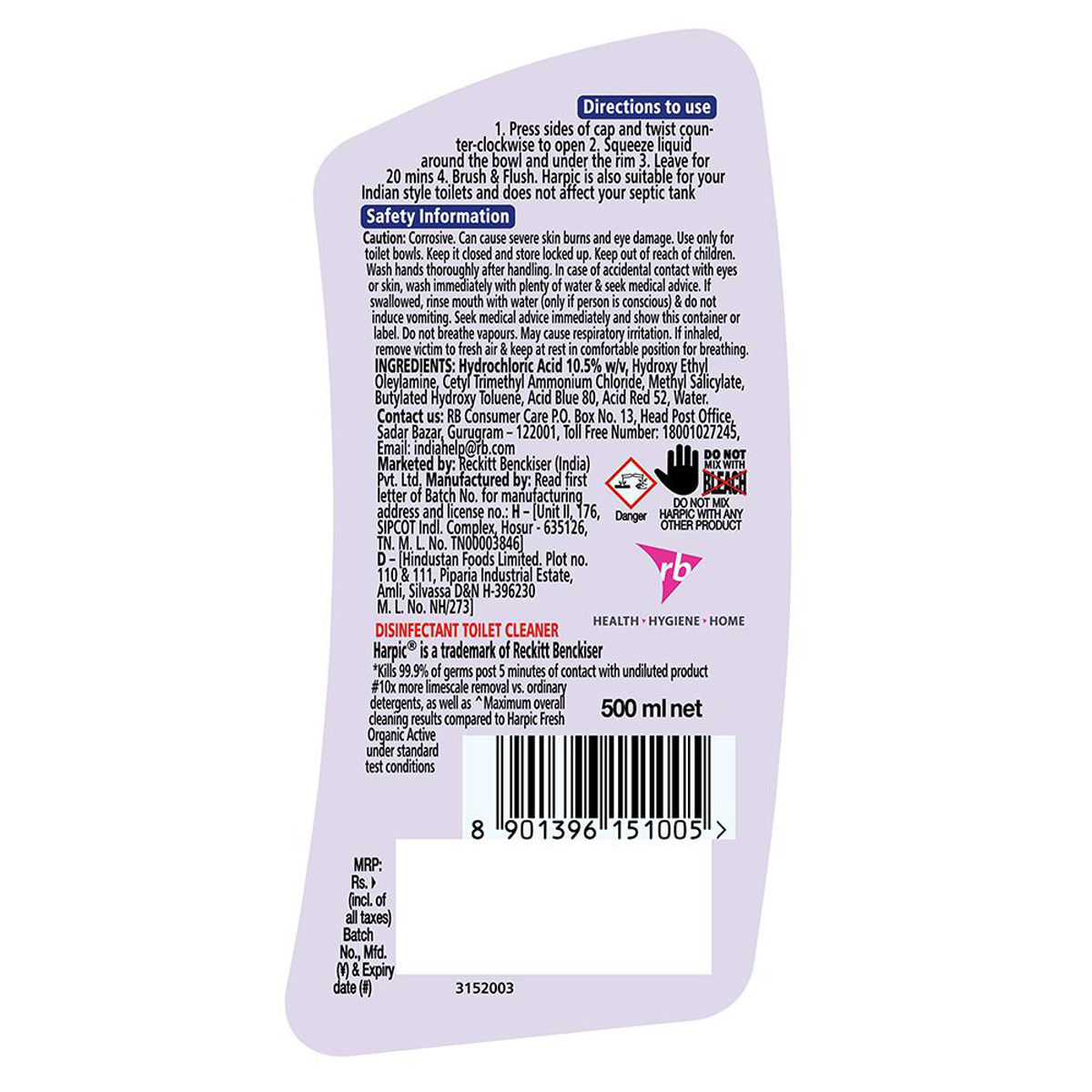 Harpic Power Plus Original Disinfectant Toilet Cleaner, 500 ml Price ...