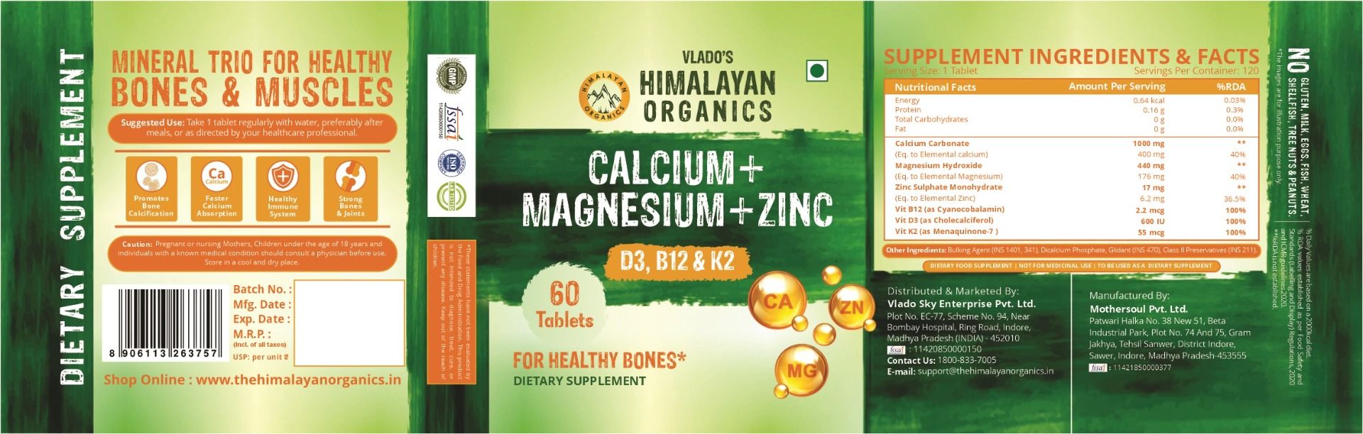 Buy Vlado's Himalayan Organics Calcium+Magnesium+Zinc+Vitamin D3, B12 ...