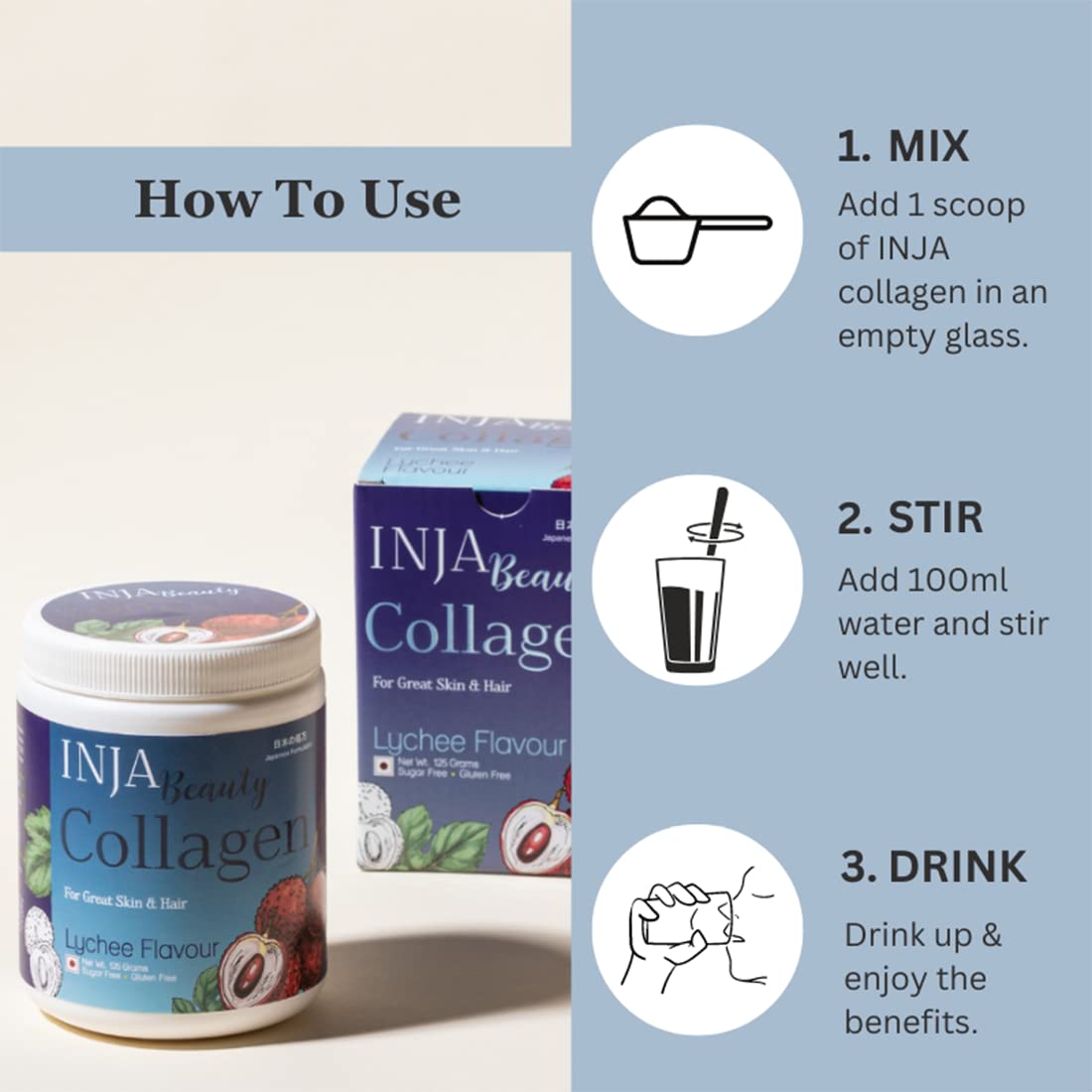 INJA Beauty Collagen Lychee Flavour Powder for Great Skin & Hair, 125 ...