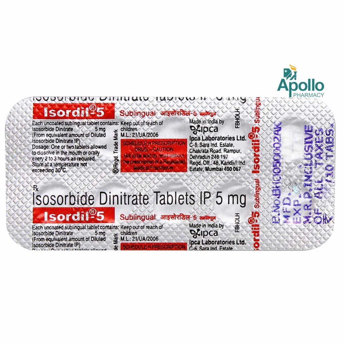 Isordil 5 Sublingual Tablet | Uses, Side Effects, Price | Apollo Pharmacy