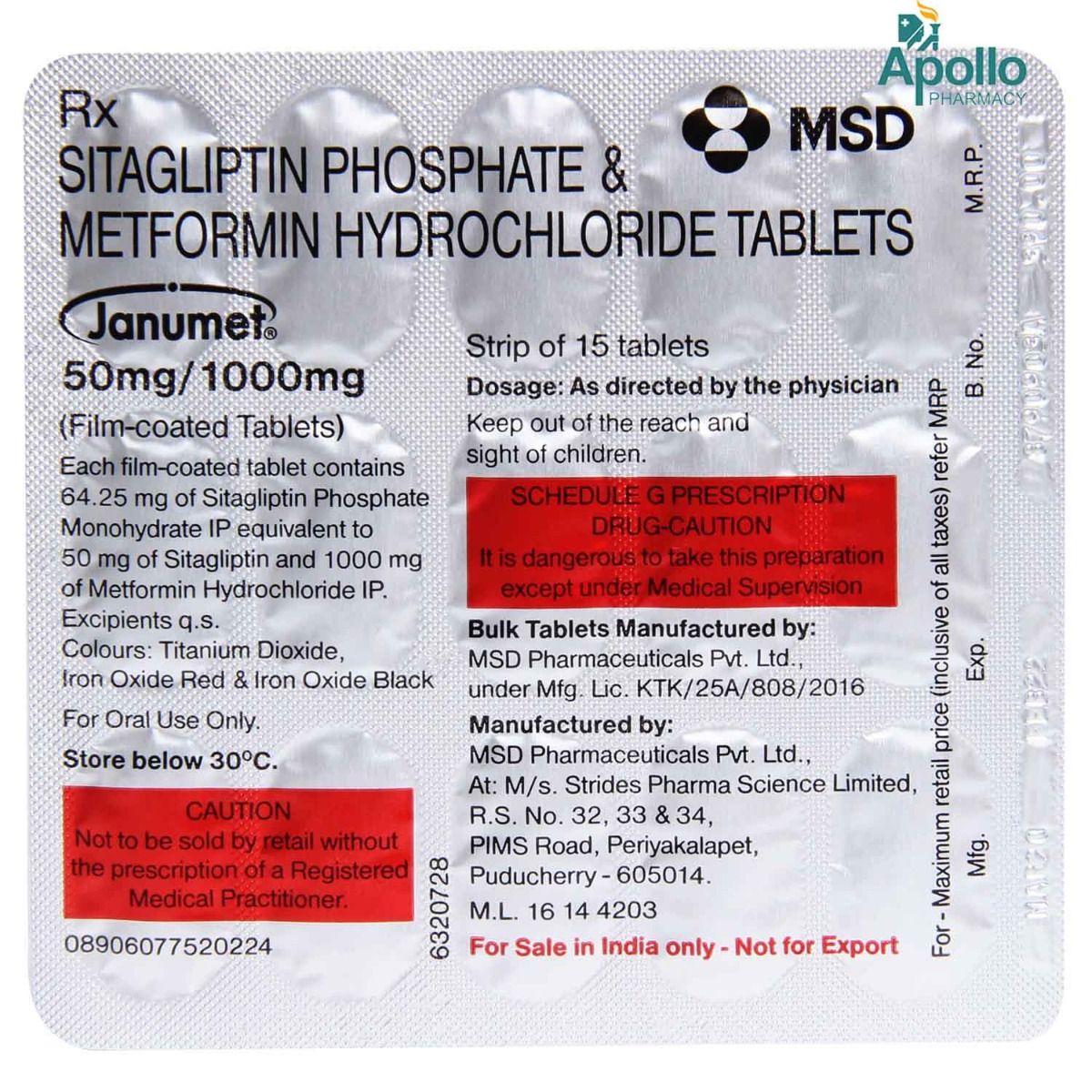Janumet 50 mg/1000 mg Tablet | Uses, Side Effects, Price | Apollo Pharmacy