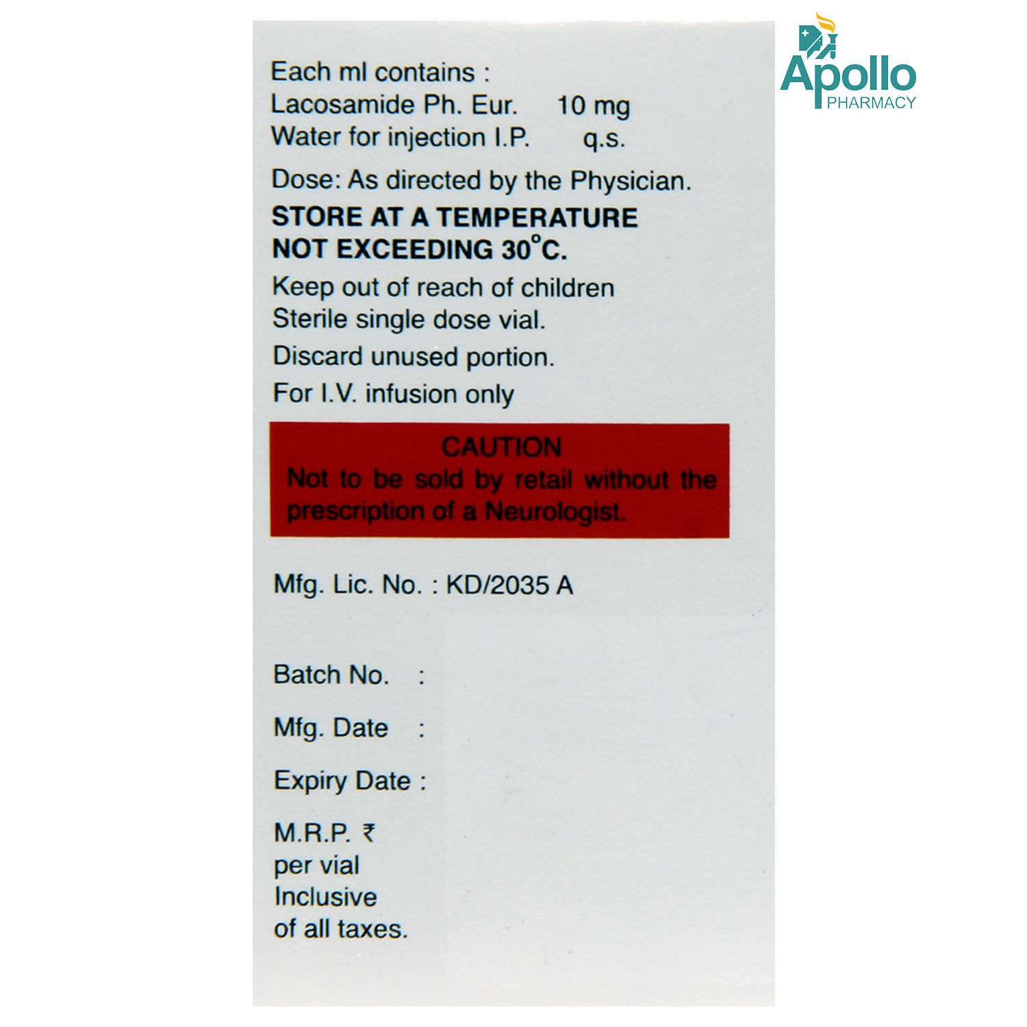 Lacosam Injection 20 ml Price, Uses, Side Effects, Composition - Apollo ...