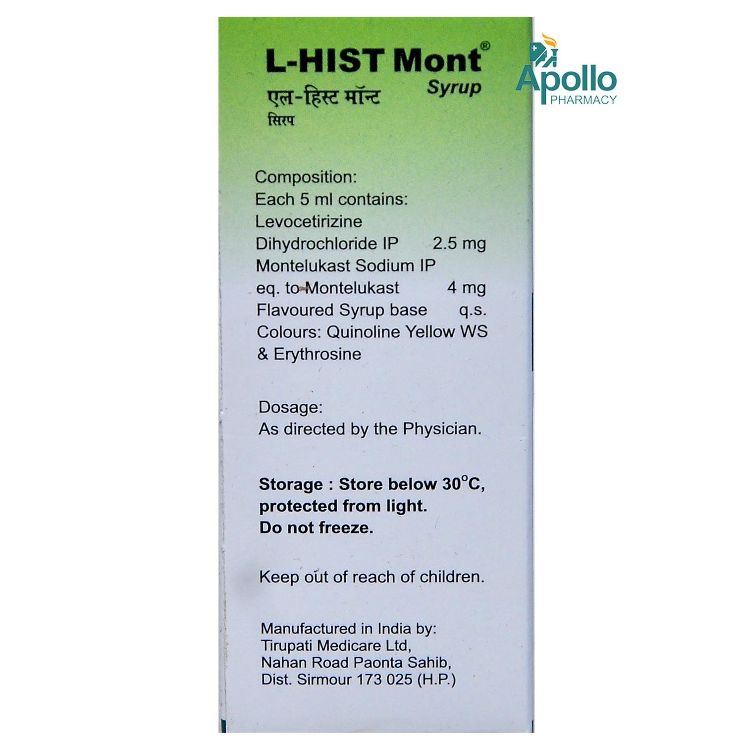 L-Hist Mont Syrup 30 ml Price, Uses, Side Effects, Composition - Apollo ...