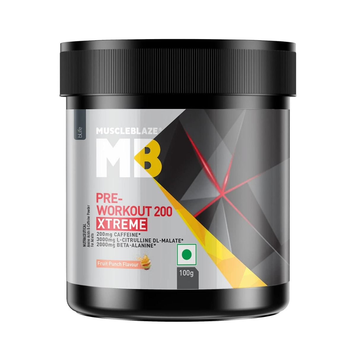 Buy MuscleBlaze Pre Workout 200 Xtreme Fruit Punch Flavour Powder, 100 ...