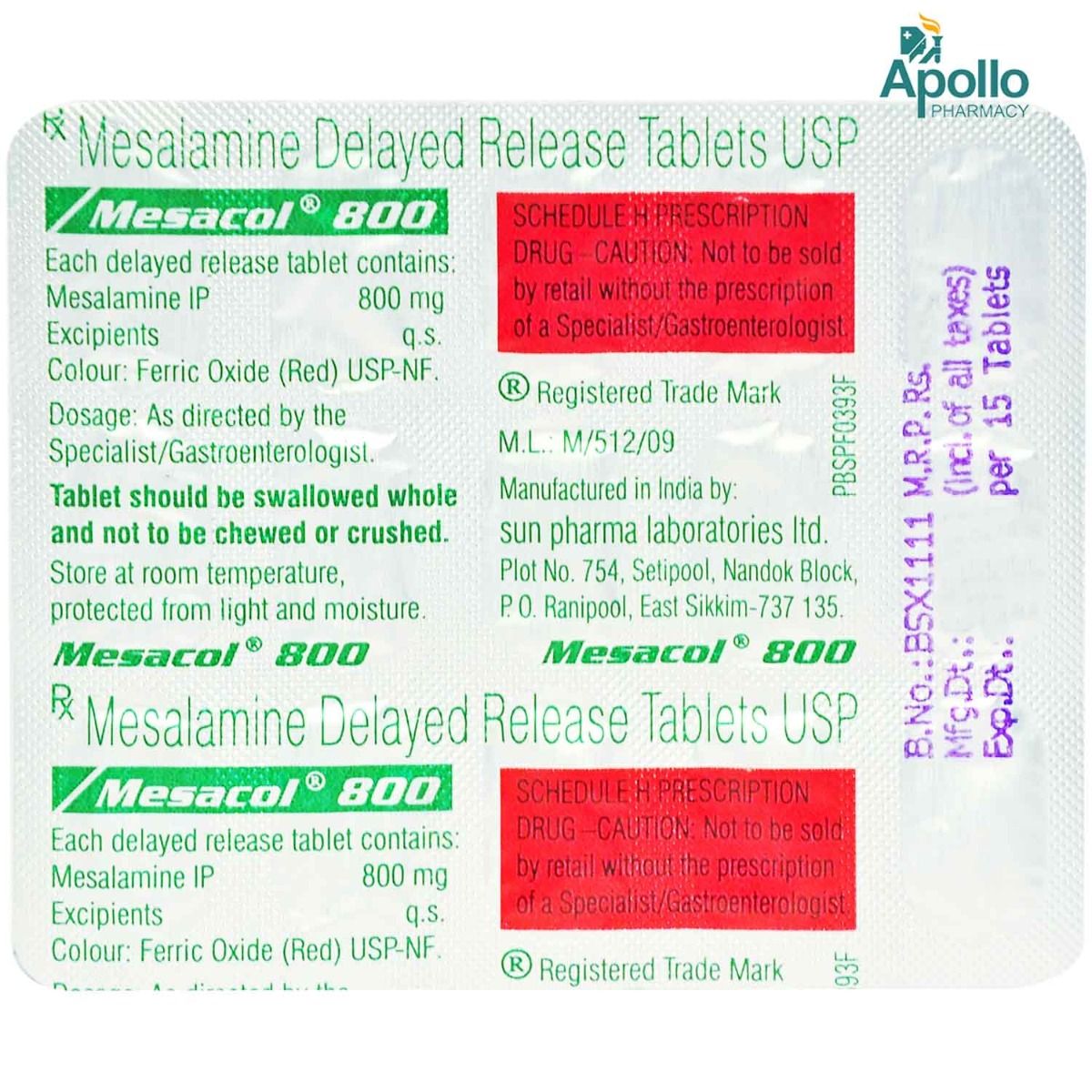 Mesacol 800 Tablet 15's Price, Uses, Side Effects, Composition - Apollo ...