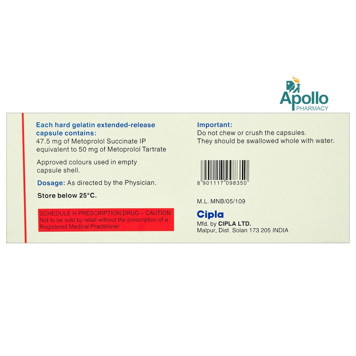 Metolar XR-50 Capsule 15's Price, Uses, Side Effects, Composition ...