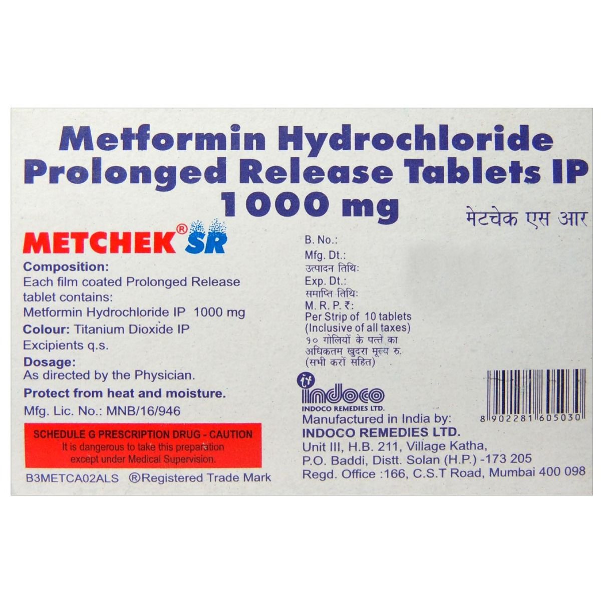 METCHEK SR 1000MG TABLET Price, Uses, Side Effects, Composition ...