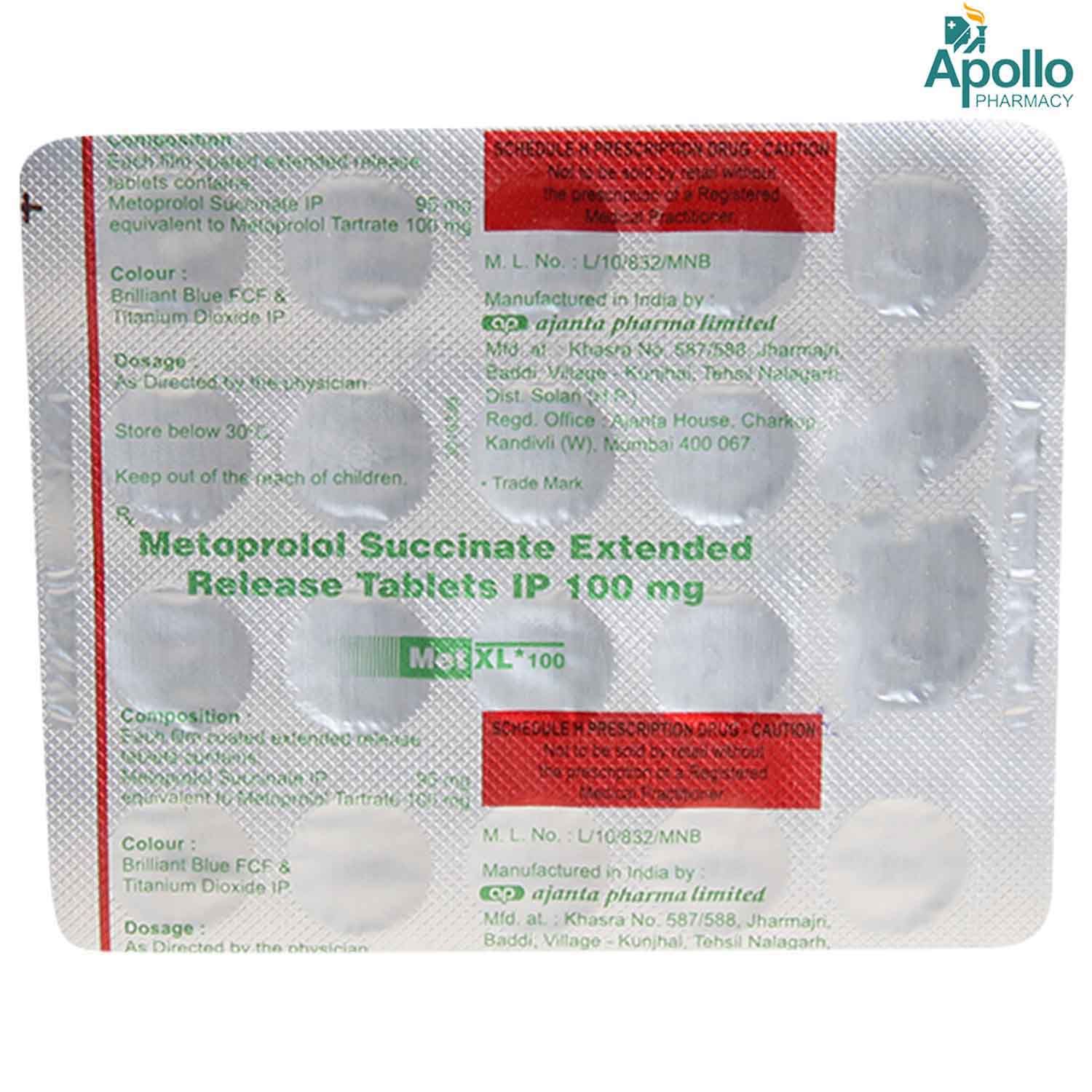 Met XL 100 Tablet | Uses, Side Effects, Price | Apollo Pharmacy