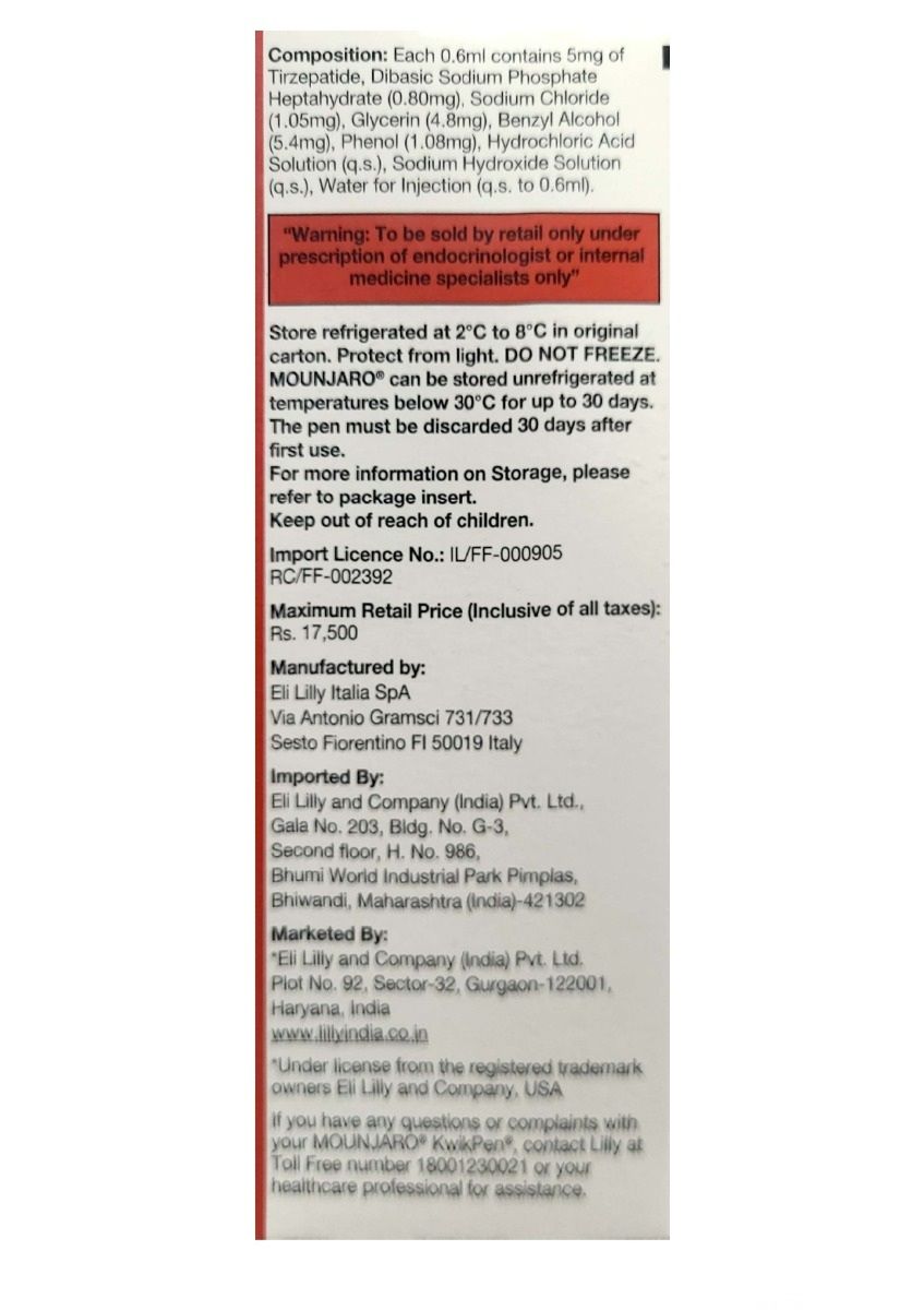 Mounjaro Kwikpen 5 mg PFP Injection 0.6 ml | Uses, Side Effects, Price ...