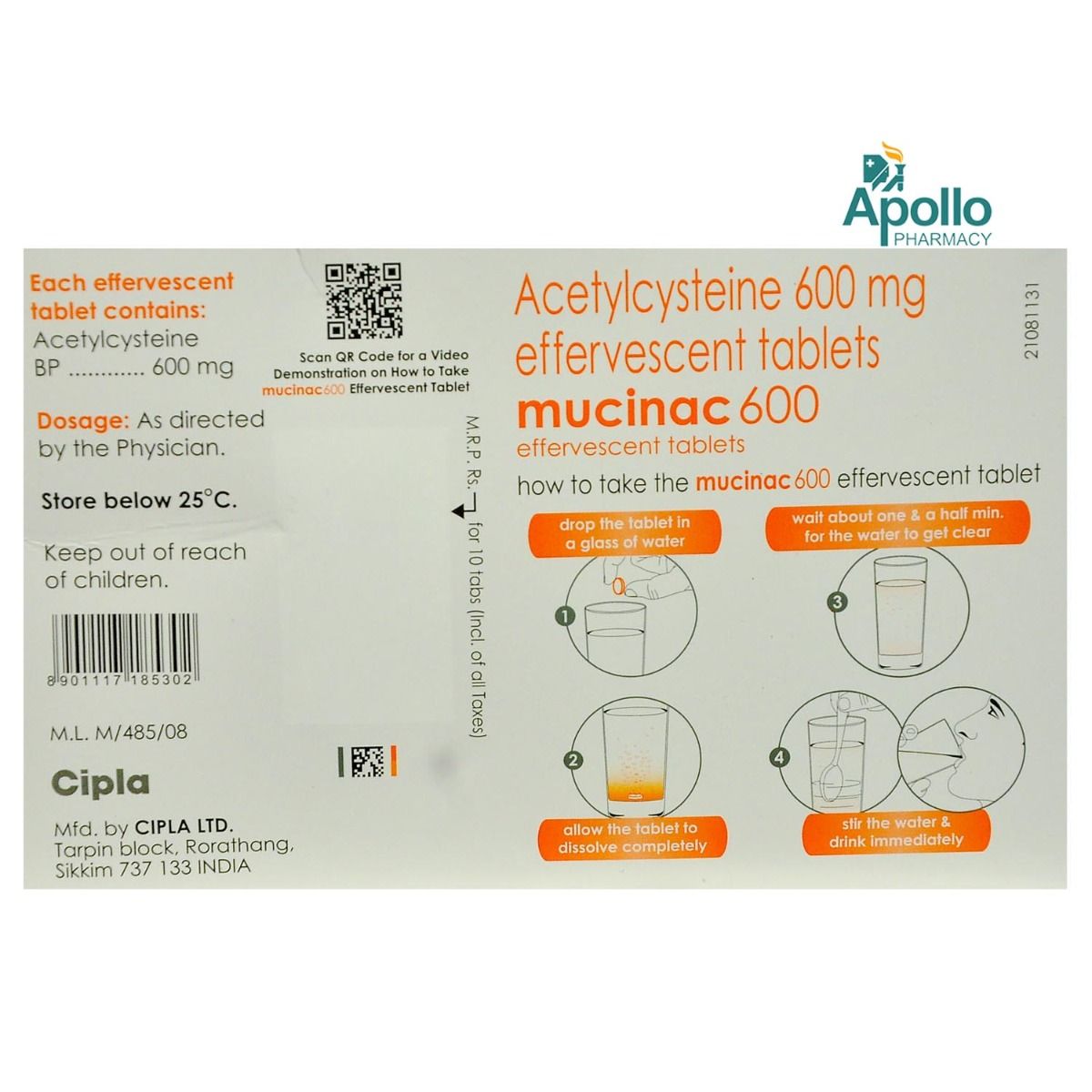 Mucinac 600 Sugar Free Orange Effervescent Tablet 10's Price, Uses ...
