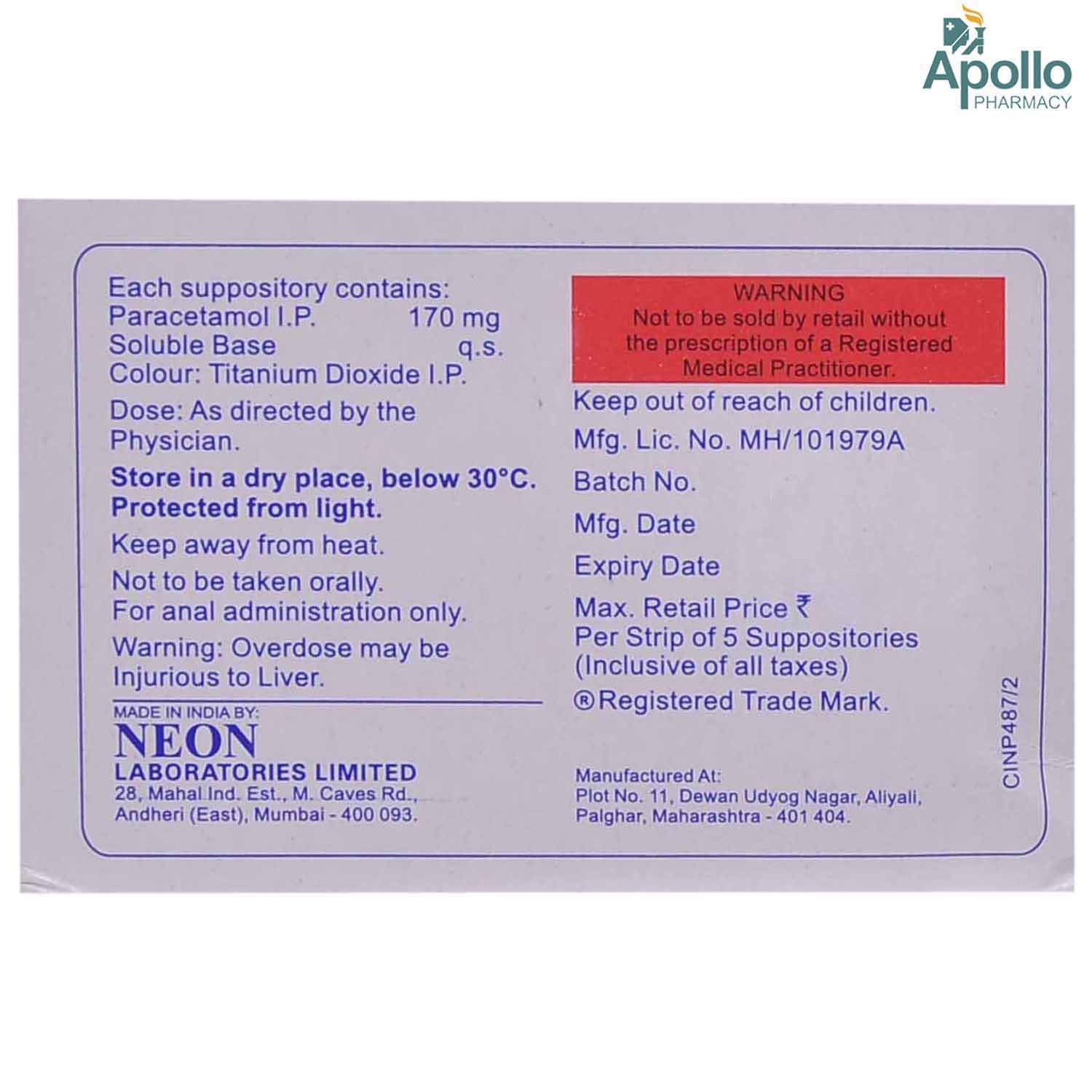 Neomol-170 Suppositories 5's Price, Uses, Side Effects, Composition ...