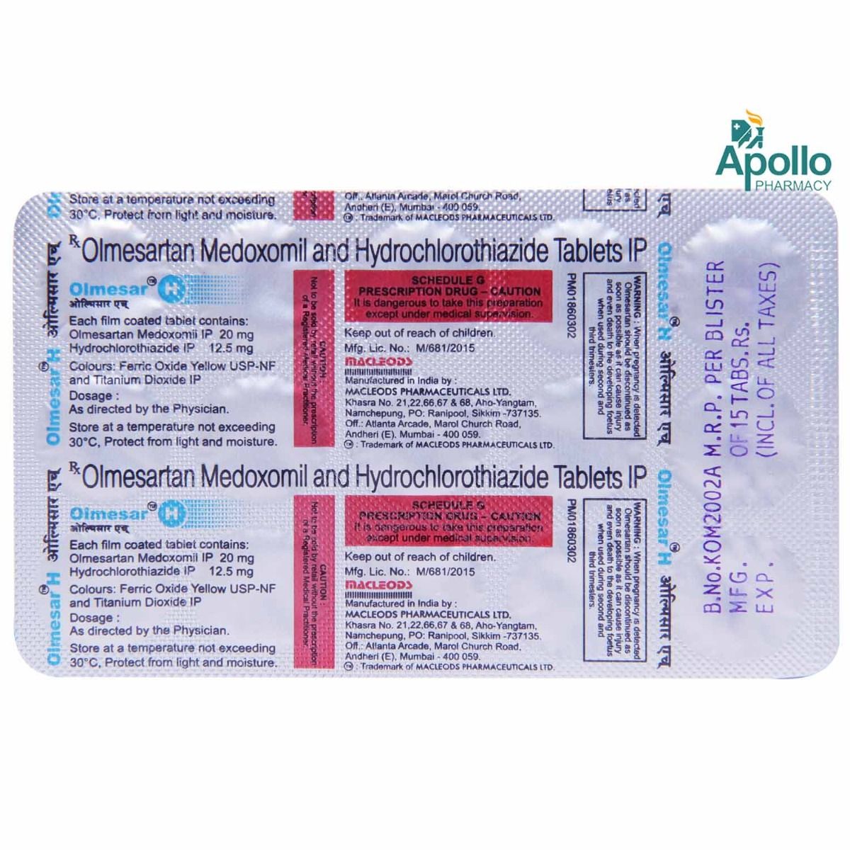 Olmesar H Tablet 15's Price, Uses, Side Effects, Composition - Apollo ...