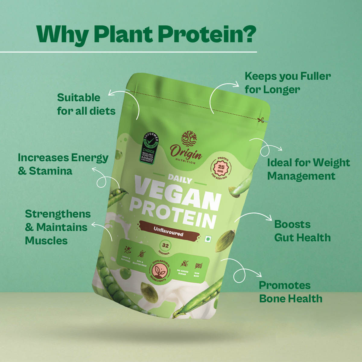 Buy Origin Nutrition 100% Natural Vegan Protein Unflavour Powder, 1 kg ...