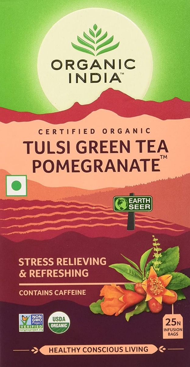 Organic India Tulsi Green Tea Pomegranate Infusion Tea Bags, 25 Count ...
