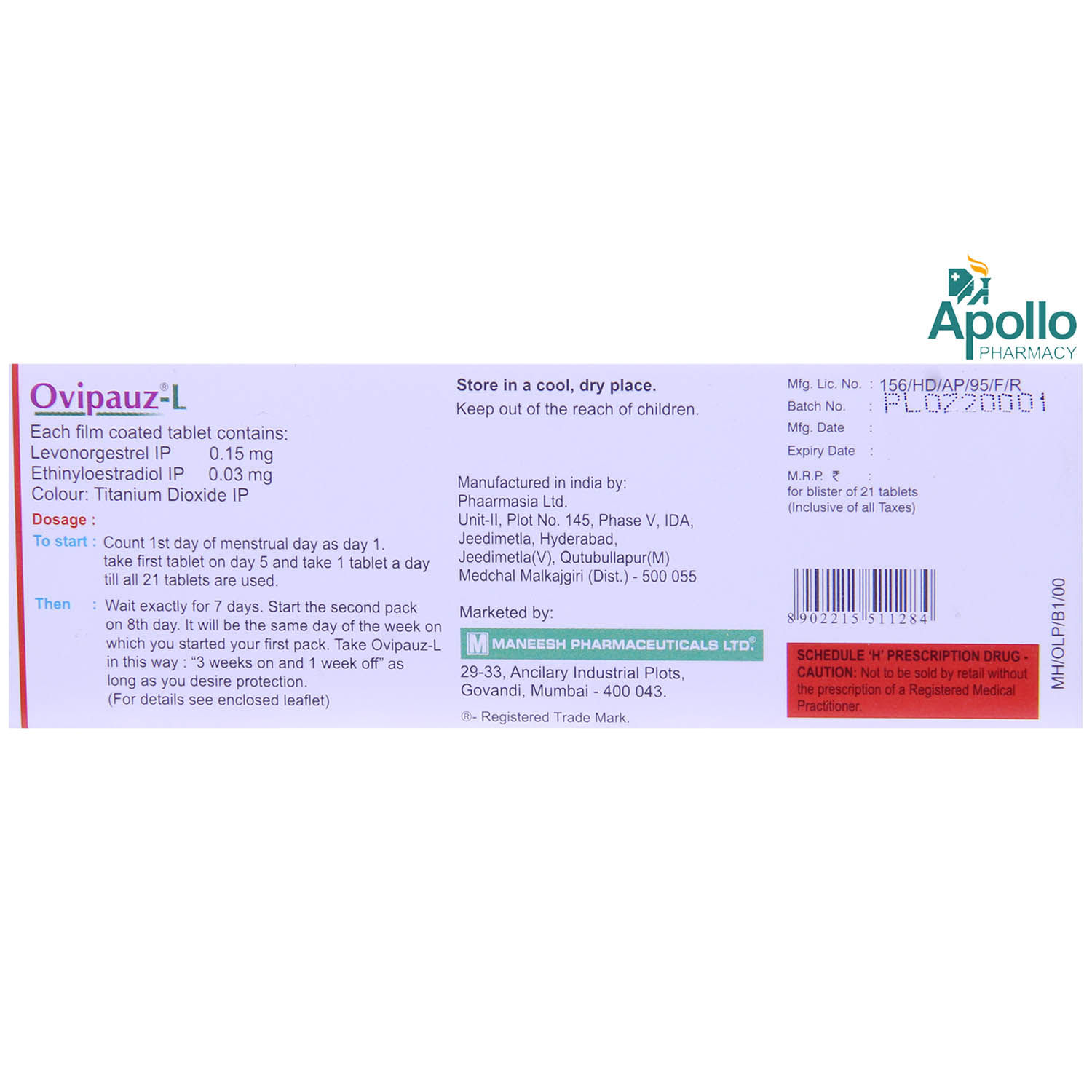 Ovipauz L Tablet 21's Price, Uses, Side Effects, Composition - Apollo ...