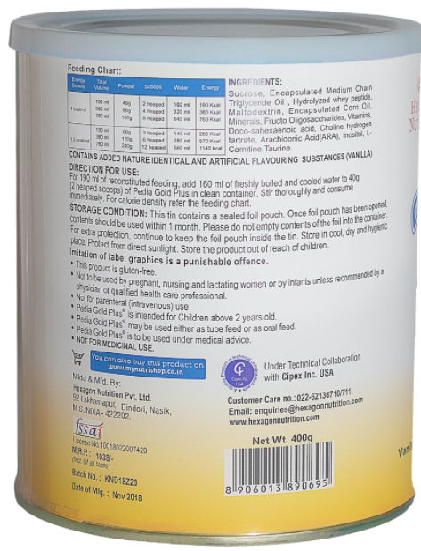 Pedia Gold Plus Vanilla Flavour Powder, 400 gm Price, Uses, Side ...