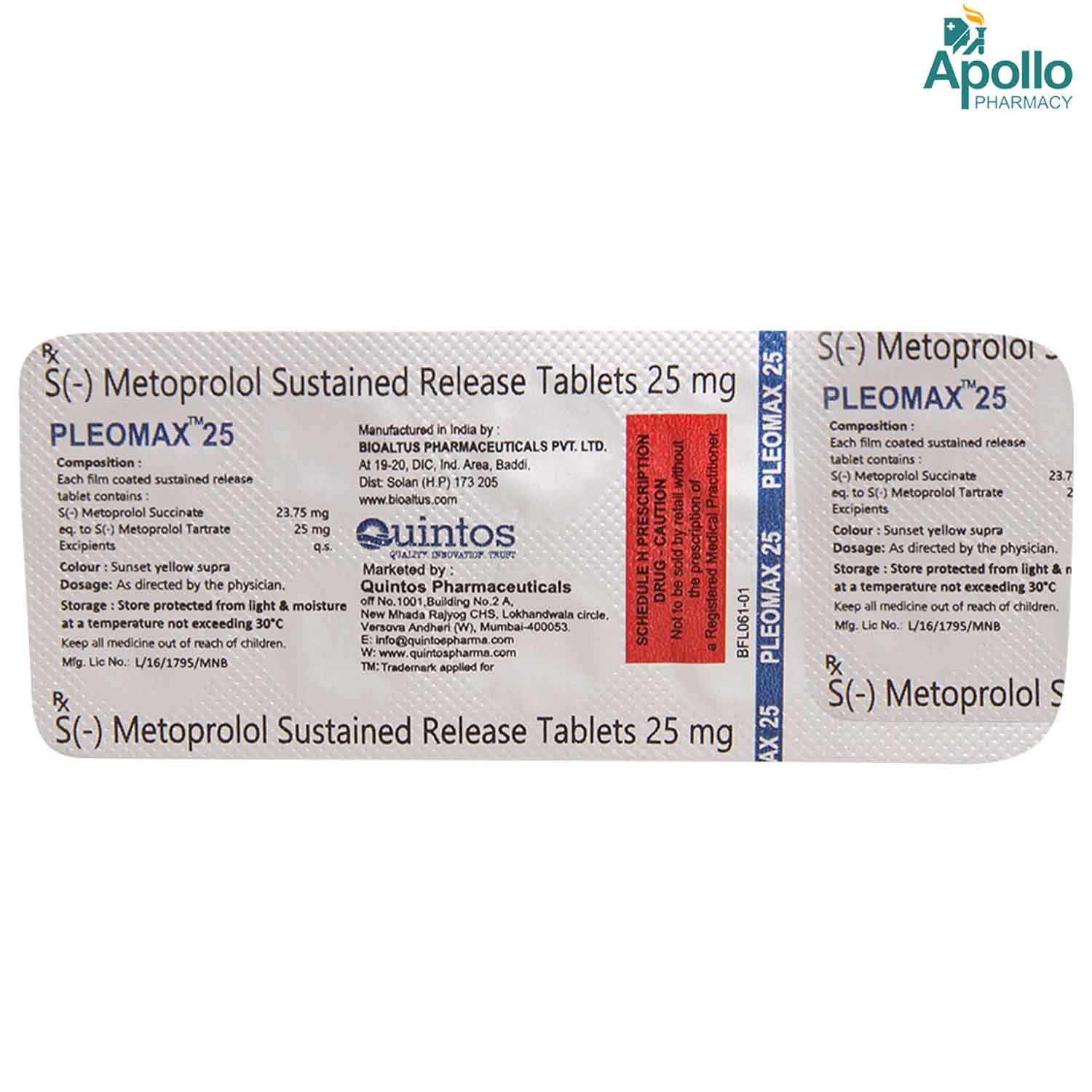 PLEOMAX 25 TABLET 10'S Price, Uses, Side Effects, Composition - Apollo ...