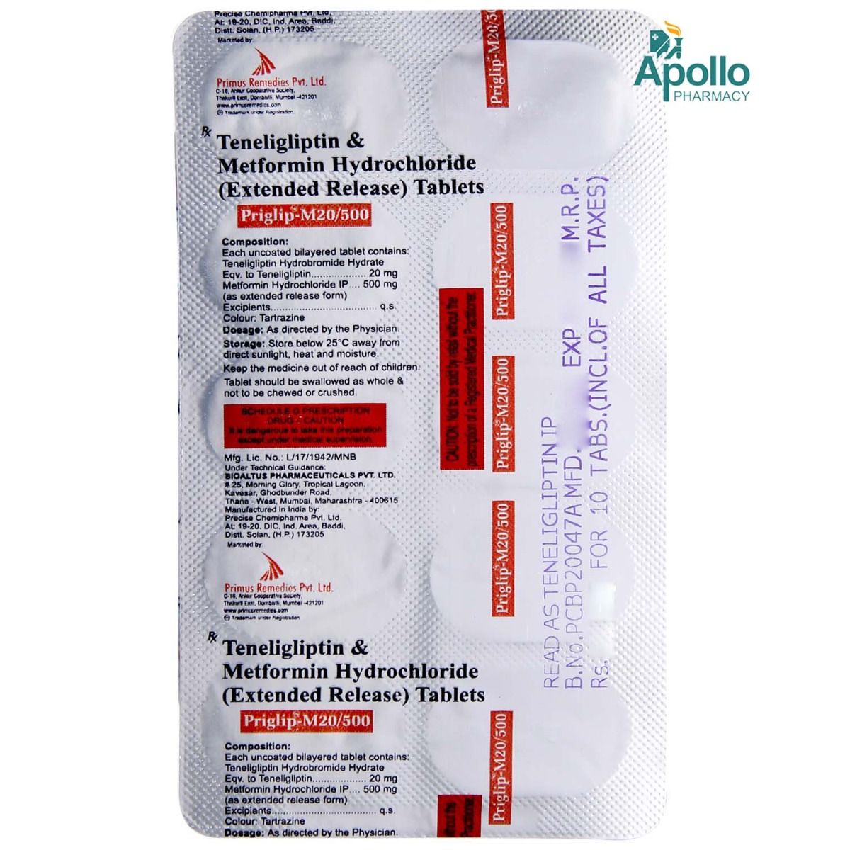 Priglip-M 20/500 Tablet 10's Price, Uses, Side Effects, Composition ...