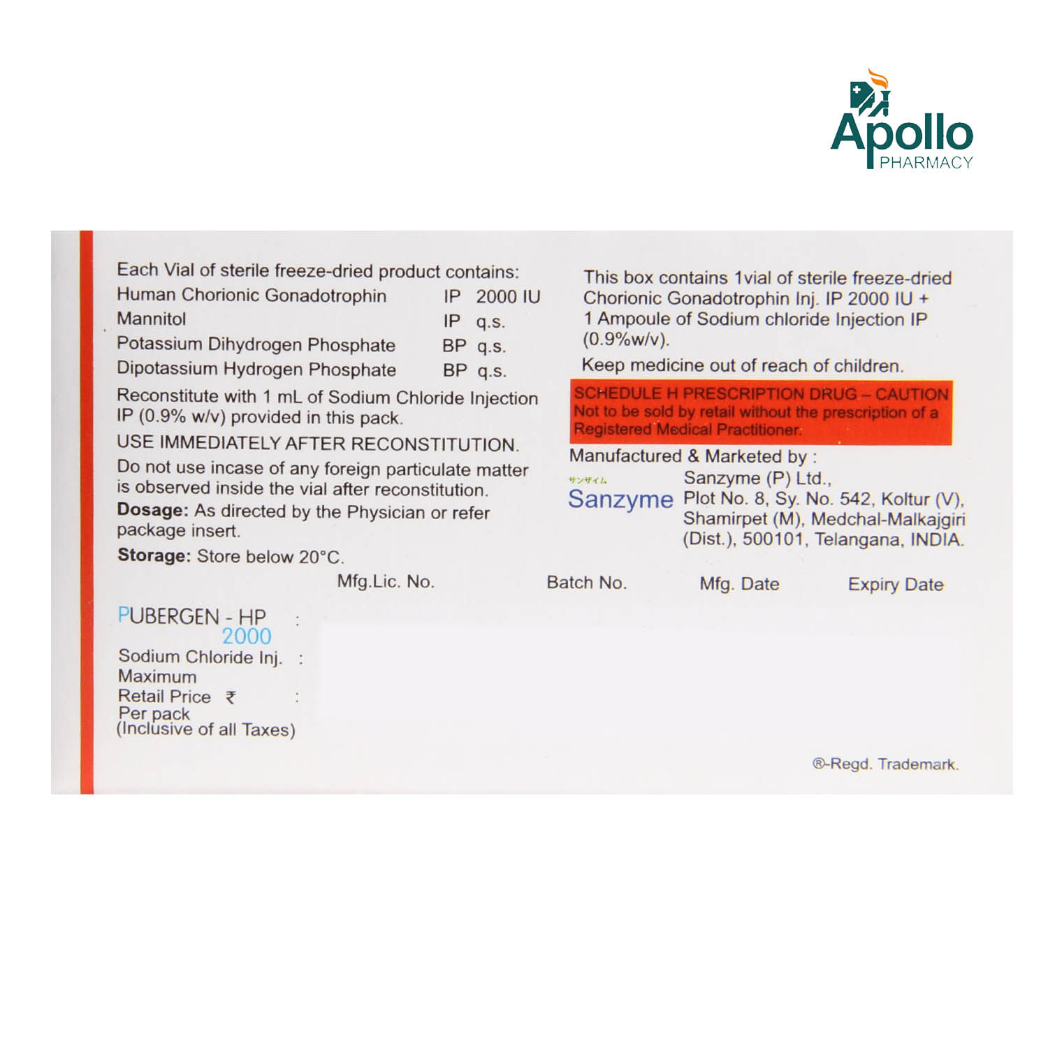 Pubergen 2000IU Injection 1 ml Price, Uses, Side Effects, Composition ...