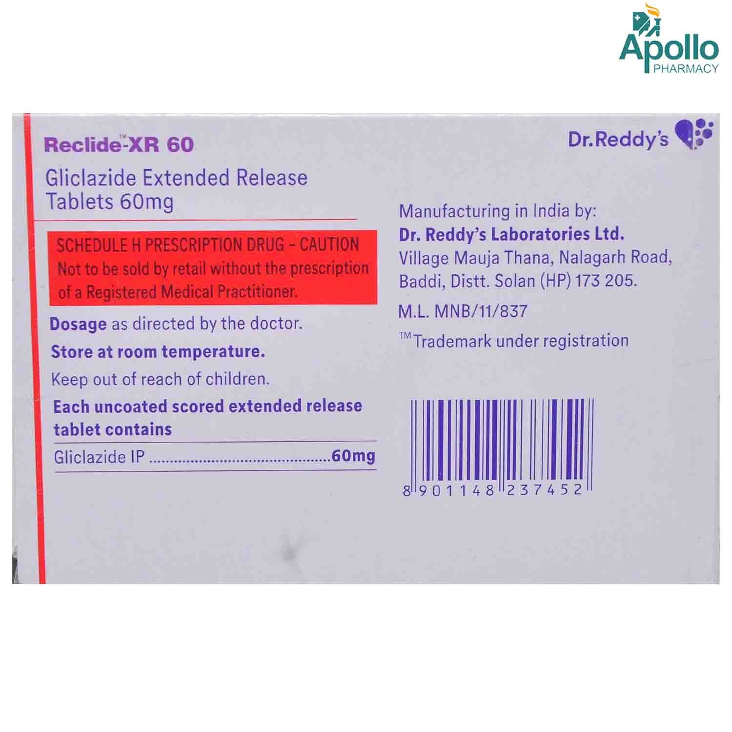 Reclide-XR 60 Tablet 14's Price, Uses, Side Effects, Composition ...