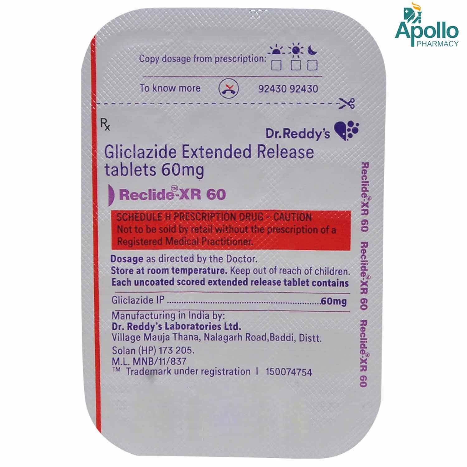Reclide-XR 60 Tablet | Uses, Side Effects, Price | Apollo Pharmacy