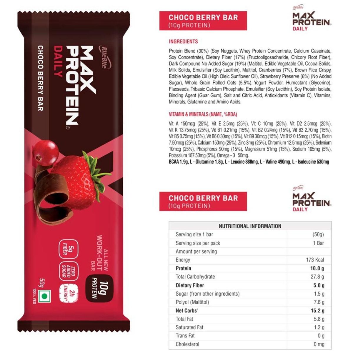 Ritebite Max Protein Daily Choco Berry Bar, 50 gm Price, Uses, Side Effects, Composition ...