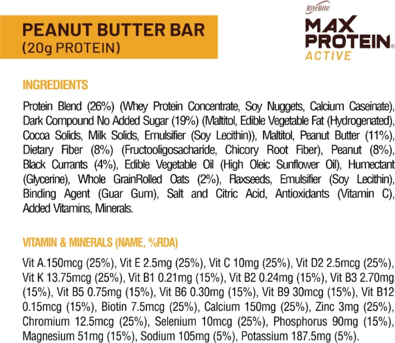 Ritebite Max Protein Peanut Butter Bar, 70 gm Price, Uses, Side Effects ...