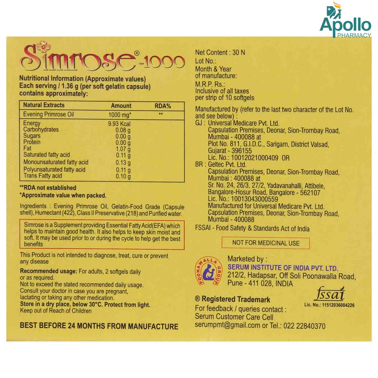 Simrose-1000 Capsule 10's Price, Uses, Side Effects, Composition ...