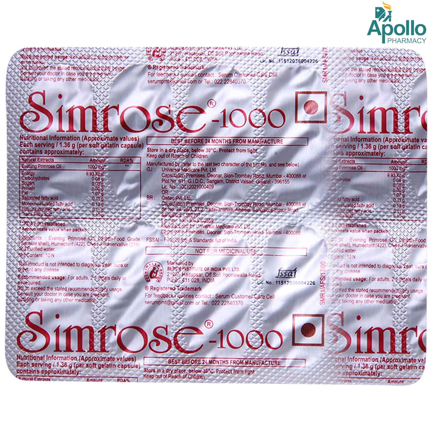 Simrose-1000 Capsule 10's Price, Uses, Side Effects, Composition ...