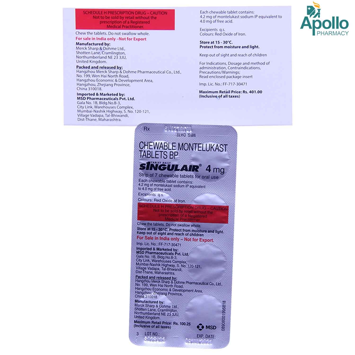 Singulair 4 mg Chewable Tablet 7's Price, Uses, Side Effects ...