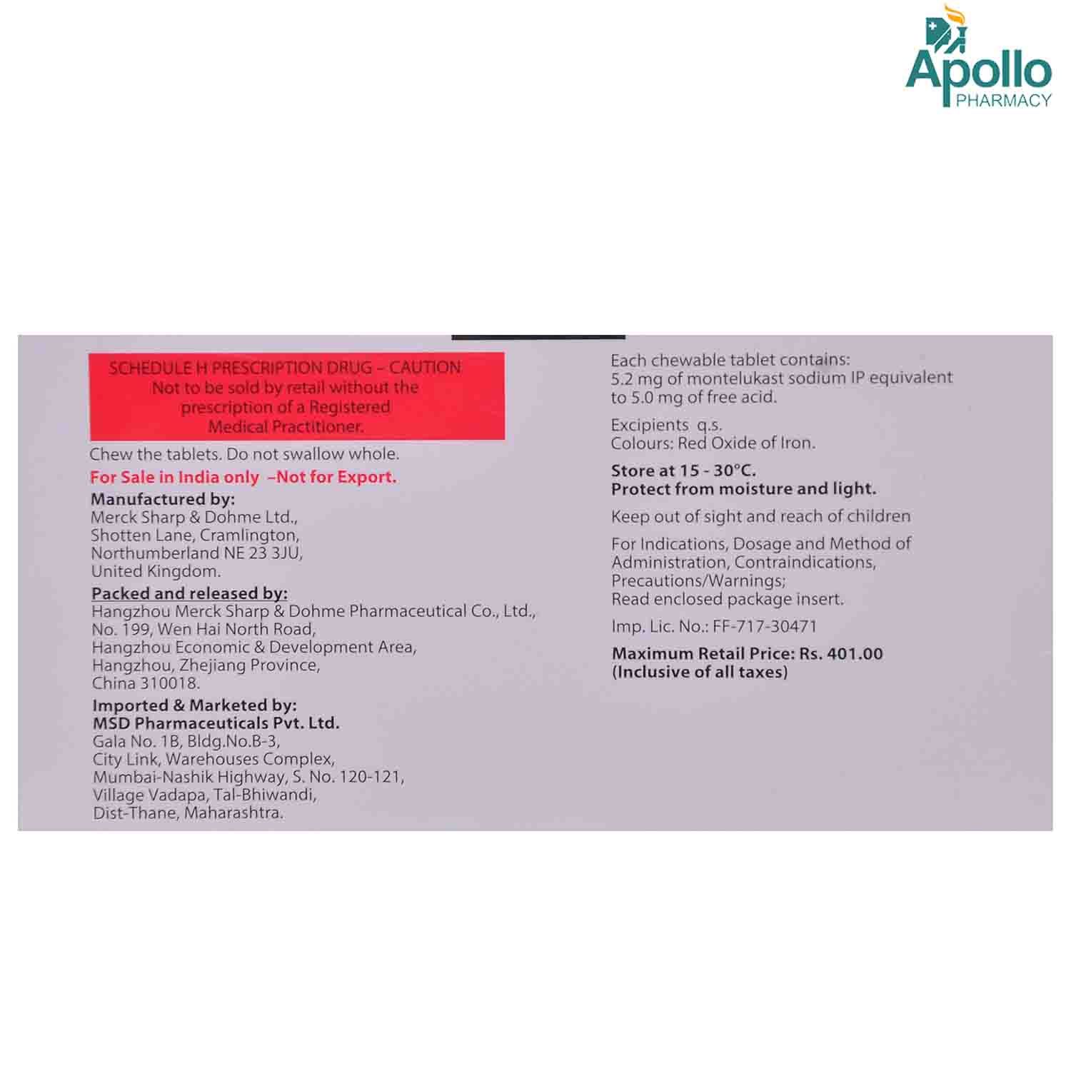 Singulair 5 Tablet 7's Price, Uses, Side Effects, Composition - Apollo ...